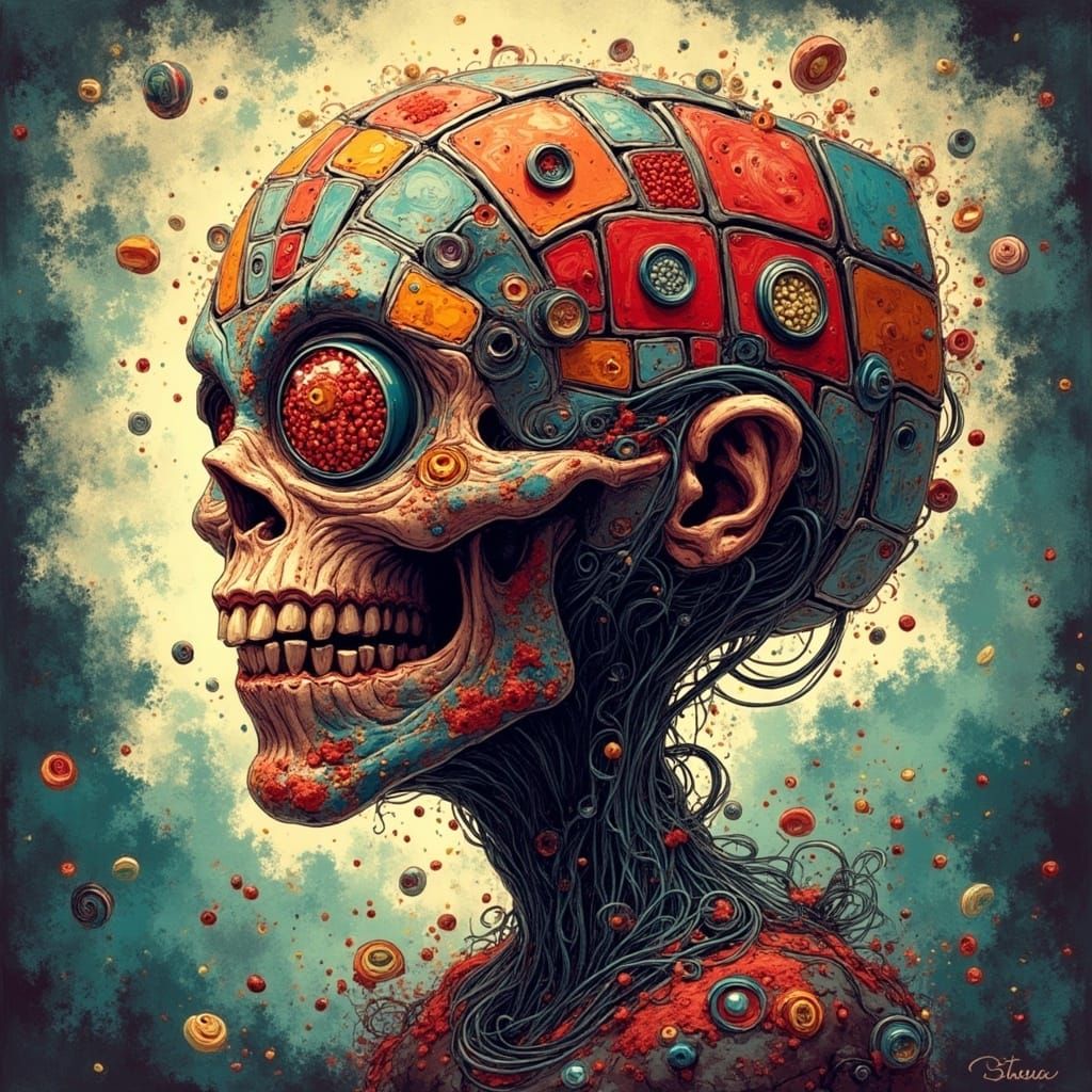 Rubik's Cube head. surrealism analogous colors Tim Burton Dan Mumford ...