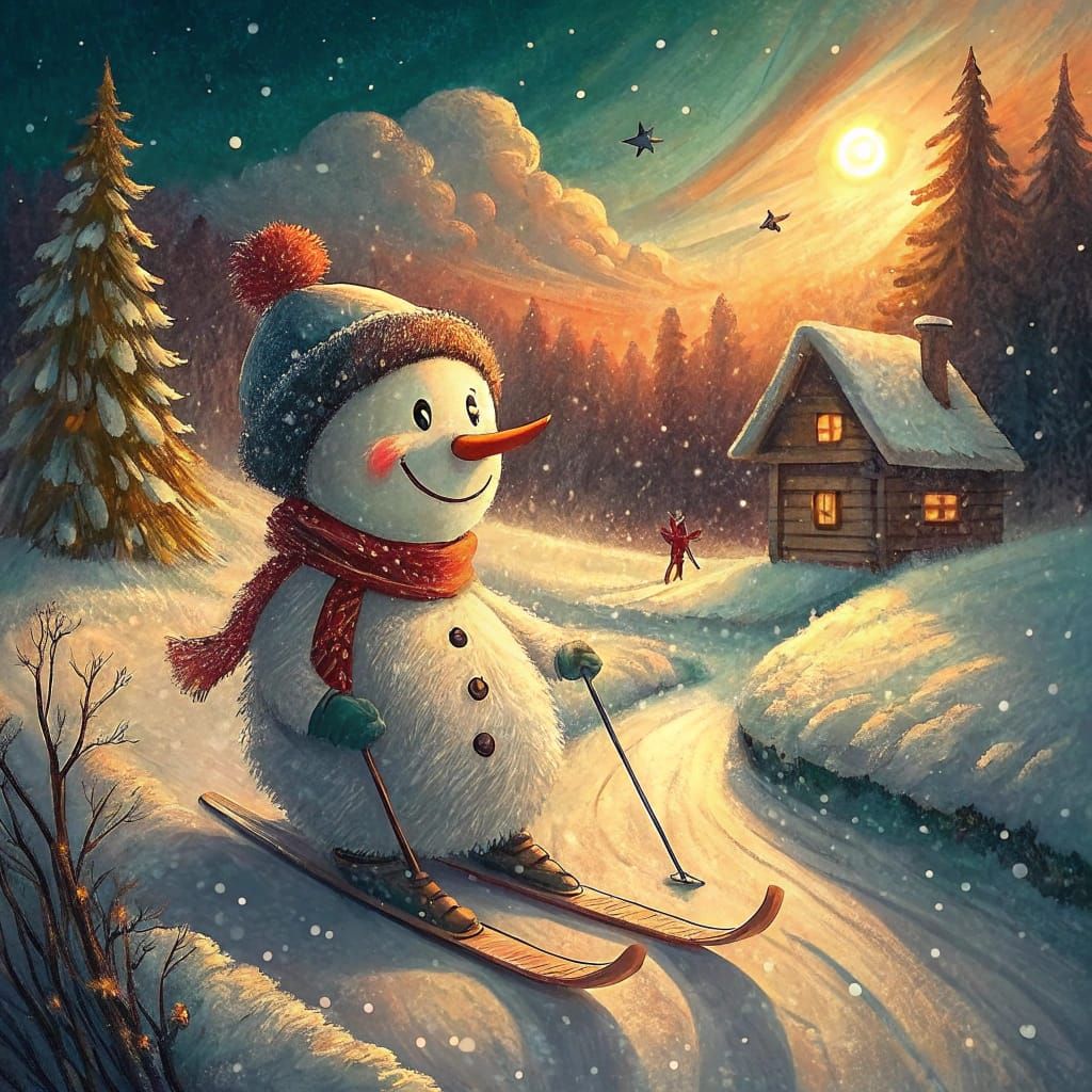 Snowman on skis - Skiing Snowman Brings Winter Joy in Charm...