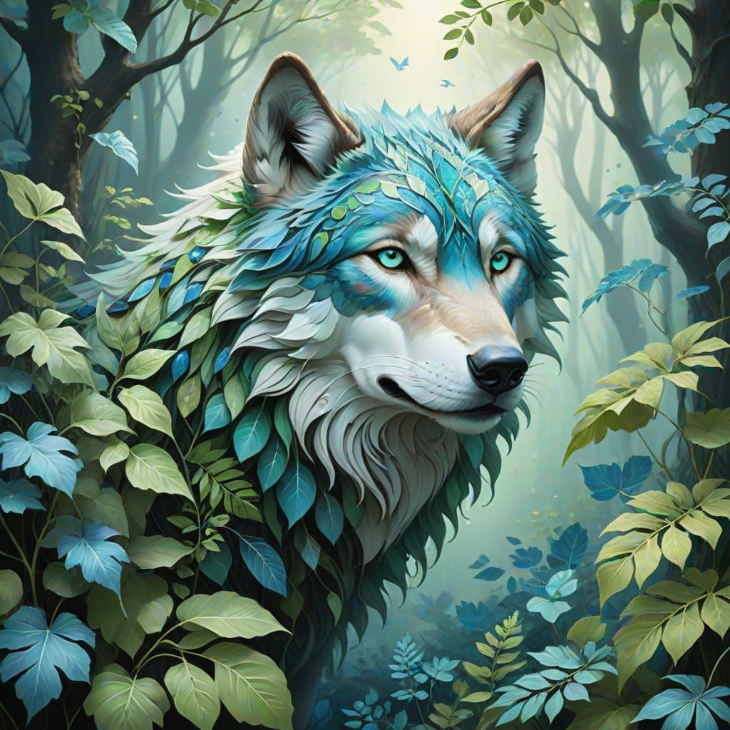 Wolf Leaf Camouflage - Realistic Fantasy Wolf Blends into Vi...