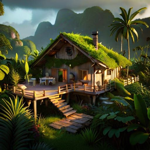 Cottage in the jungle intricately detailed Unreal Engine volumetric ...