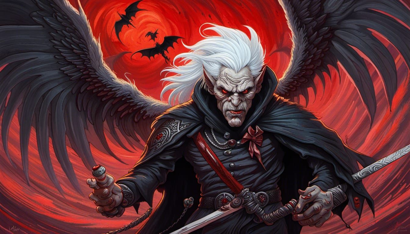 white-haired tattooed half vampire alf demon with black wings, red eyes ...
