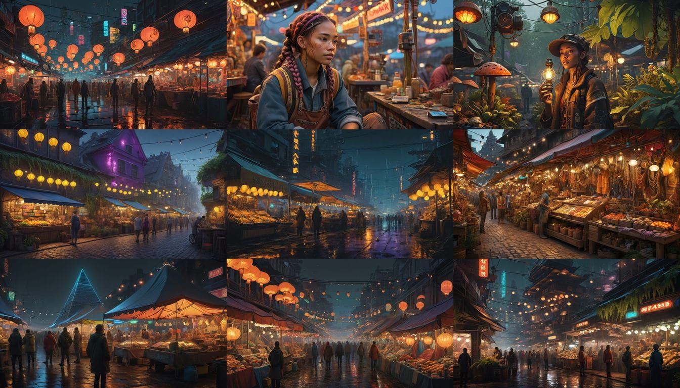 Surreal Solarpunk Night Market Scene in Hyperreali... - AI Art