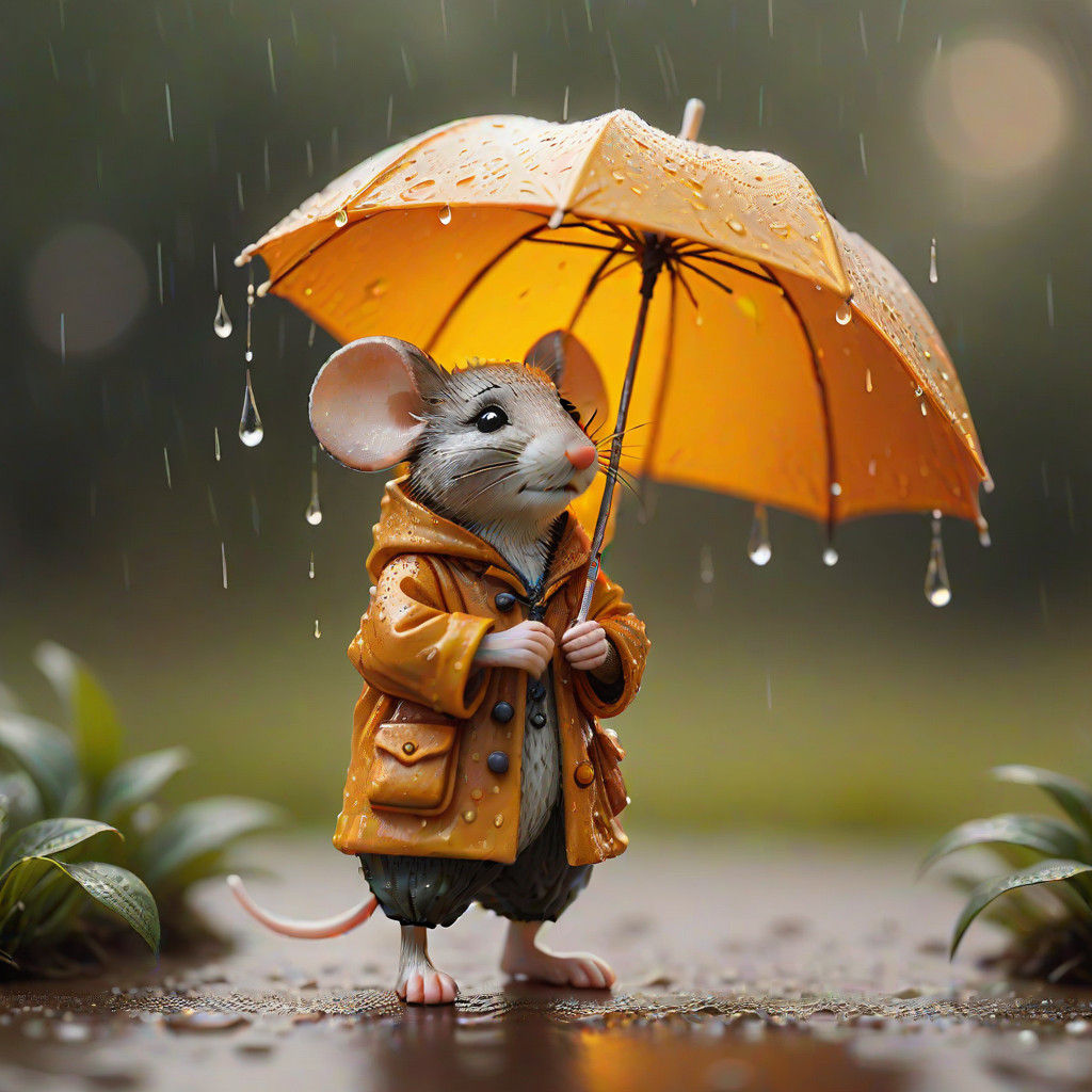 A cute mouse (& a short story) standing in a gentle rainstorm