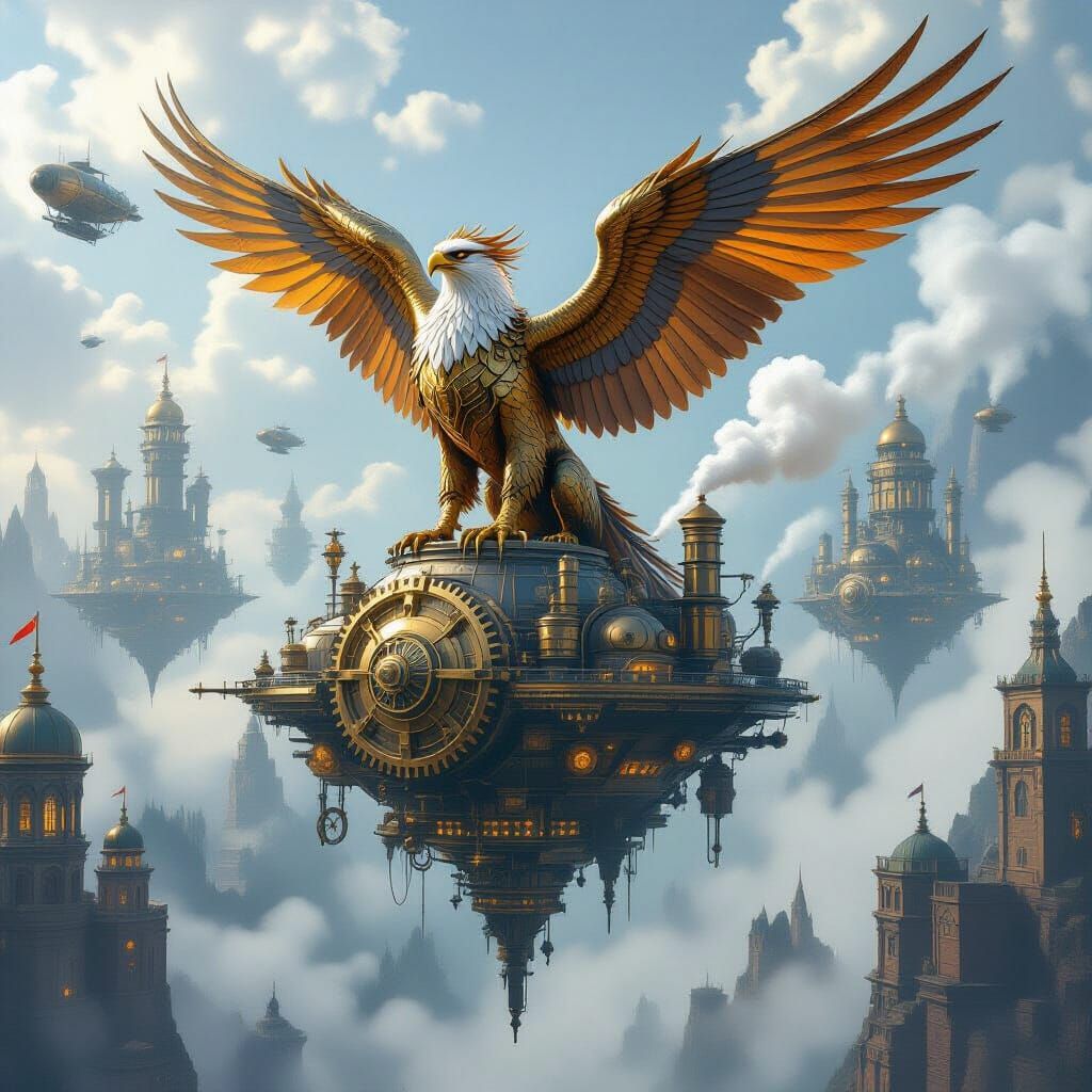 Griffin Guarding Steampunk City in Cinematic Style - AI Art