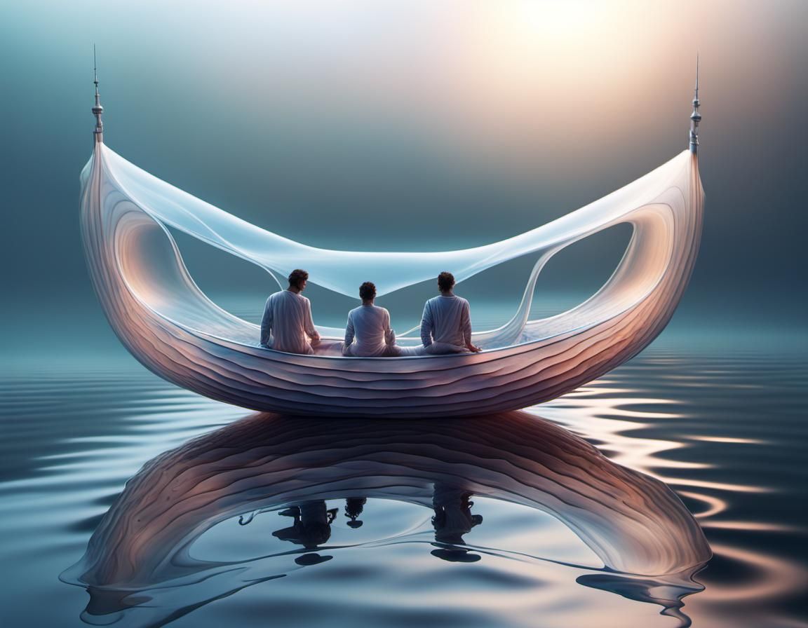 Fantastical, translucent boat made of water with a crew of twi, fluid ...