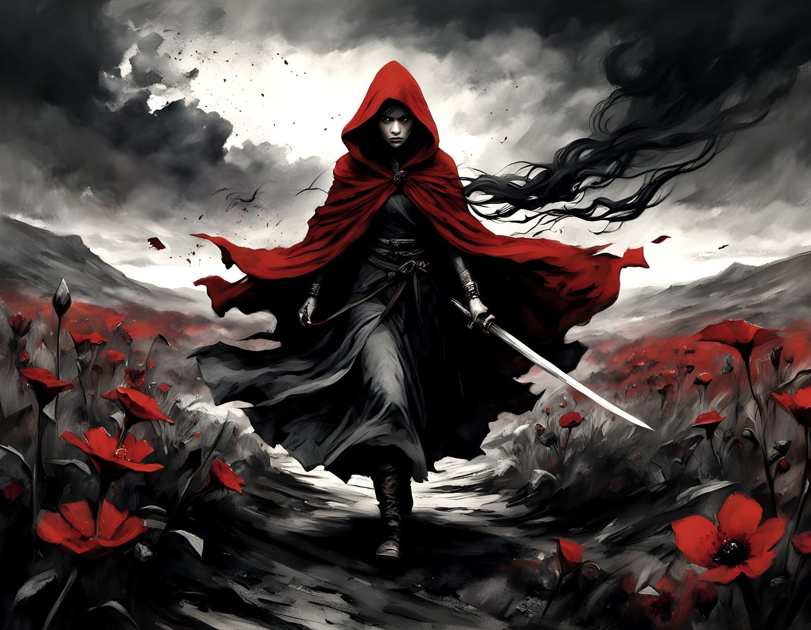 The Red Walk. - Elegant Warrior Emerges from Red Bloom