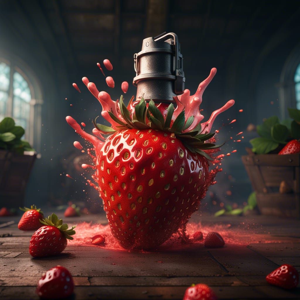 Strawberry hand grenade just starting to explode - AI Generated Artwork - NightCafe Creator