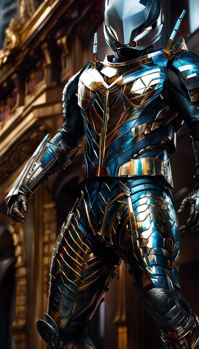 Full body portrait of a villain with Anteater inspired metallic armor ...