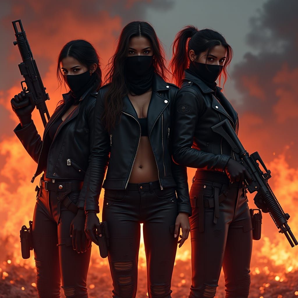 Determined Females Stand Against a Burning World i... - AI Art