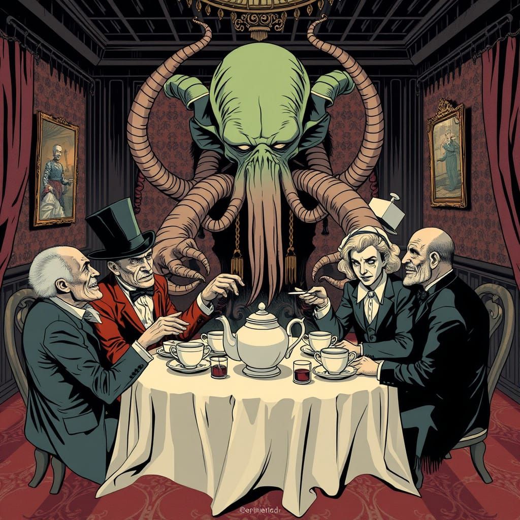 Retro Comic Style Tea Party with Cthulhu and Class... - AI Art