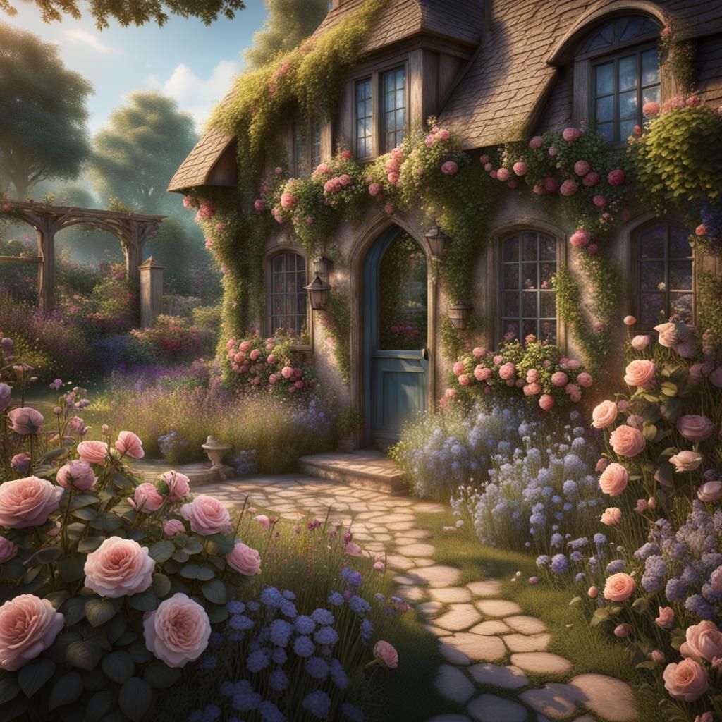 An enchanting English cottage garden, overflowing with roses of various hues, climbing up rustic ...
