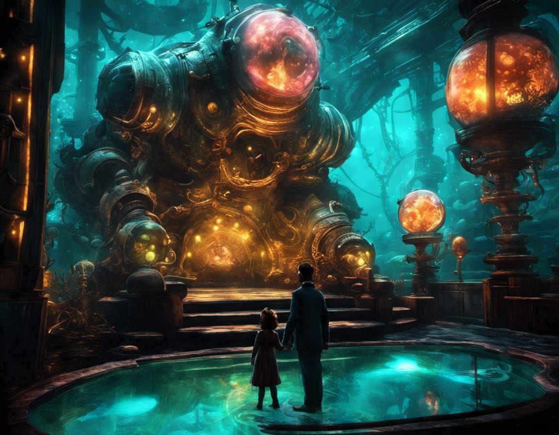Bioshock_Big Daddy and little sister in A glowing underwater biopunk ...