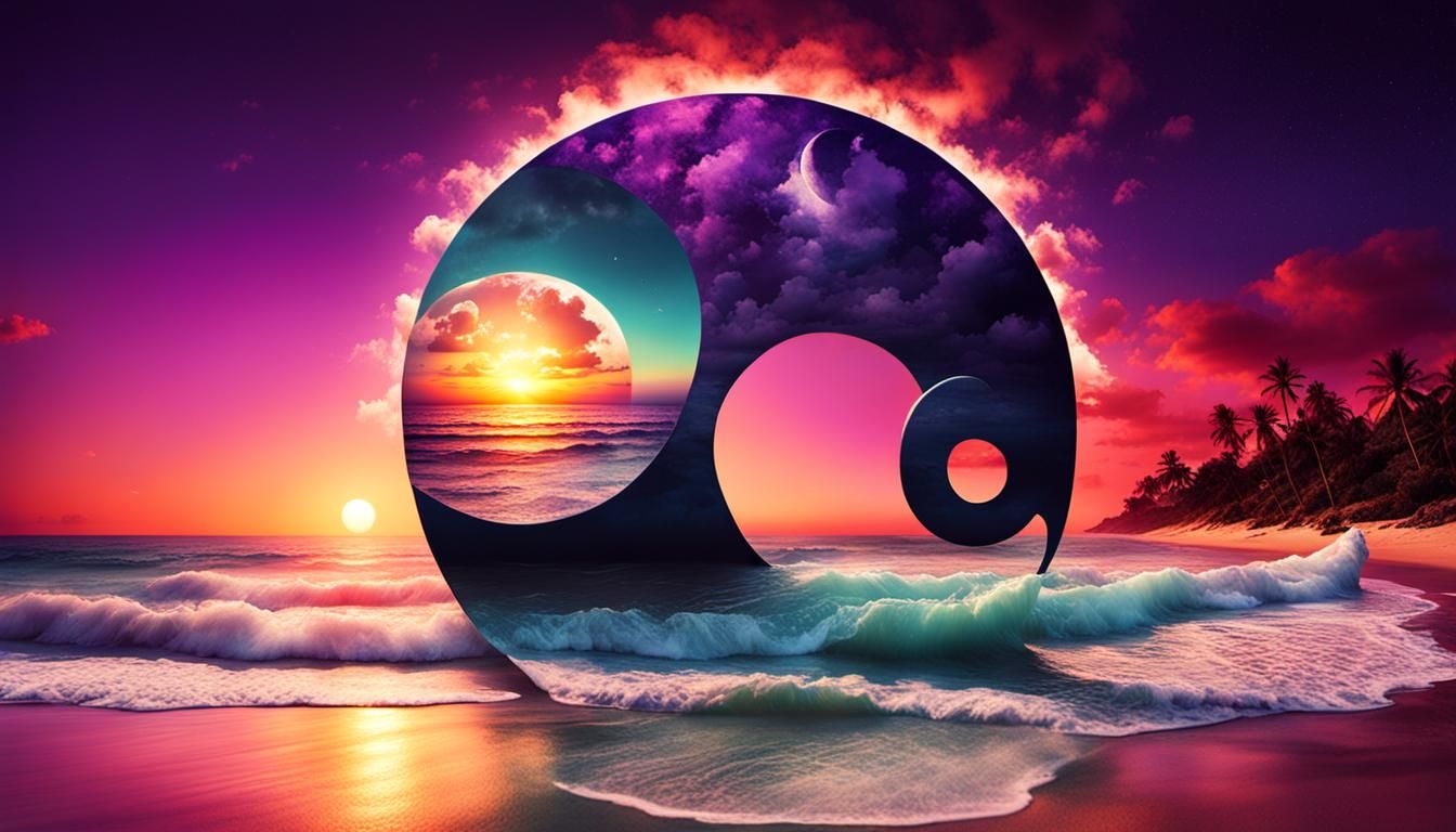 surreal Yin Yang sun moon Dimensional Beach Sunset - AI Generated ...