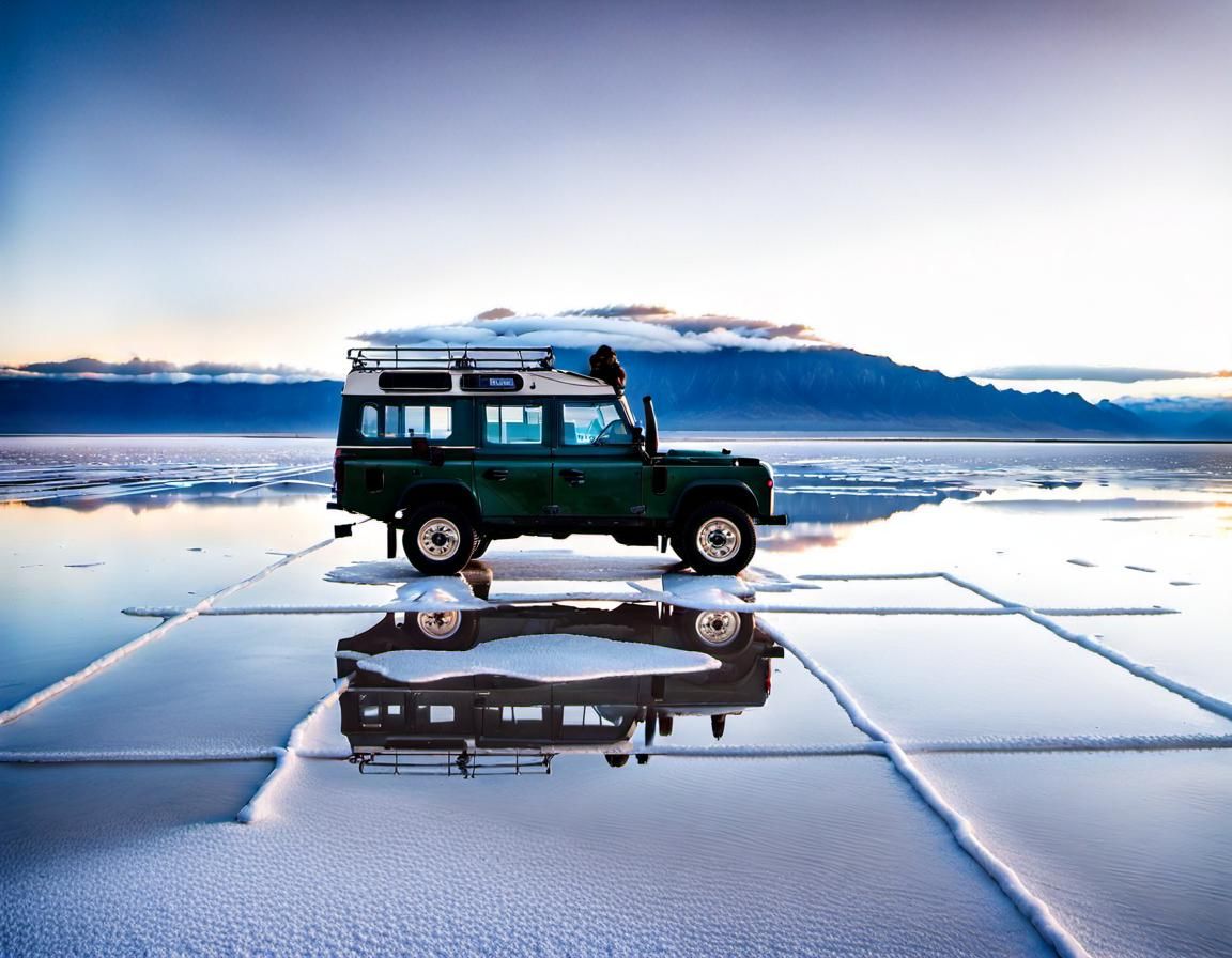 Land Rover on Bolivian salt flat - AI Generated Artwork - NightCafe Creator