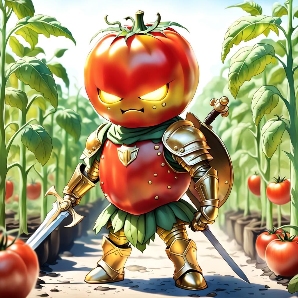 A warrior tomato, short and has no arms and wearing golden armor, with ...