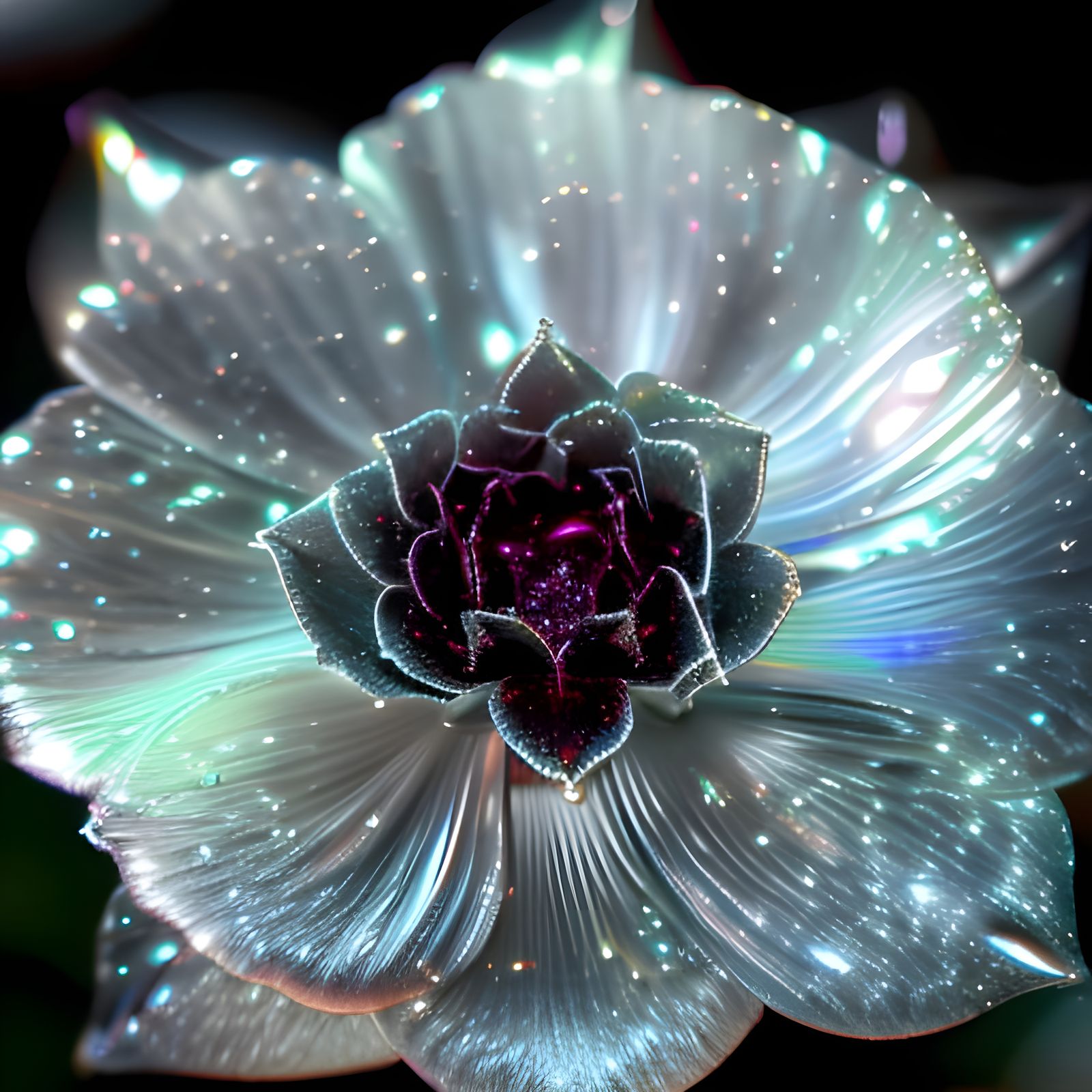 Sparkling dew iridescent deep obsidian rose glowing with intricate ...