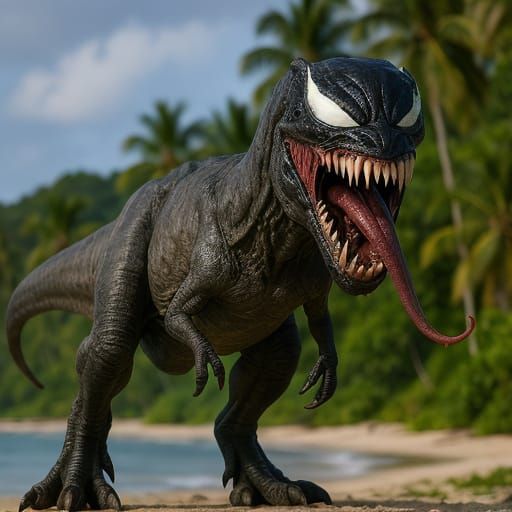 Hyperrealistic Venom T-Rex on Tropical Island - AI Art