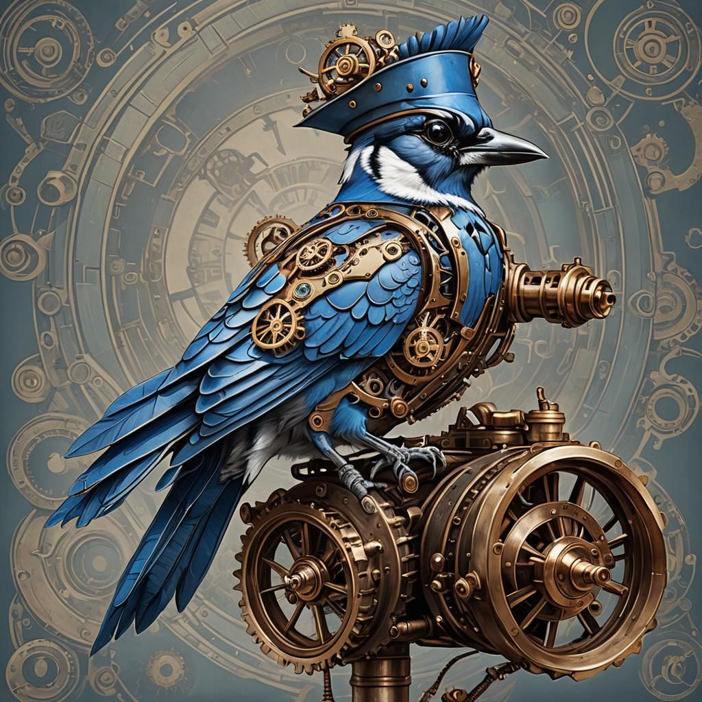 steam punk blue jay - Steampunk Blue Jay with Engine Integra...