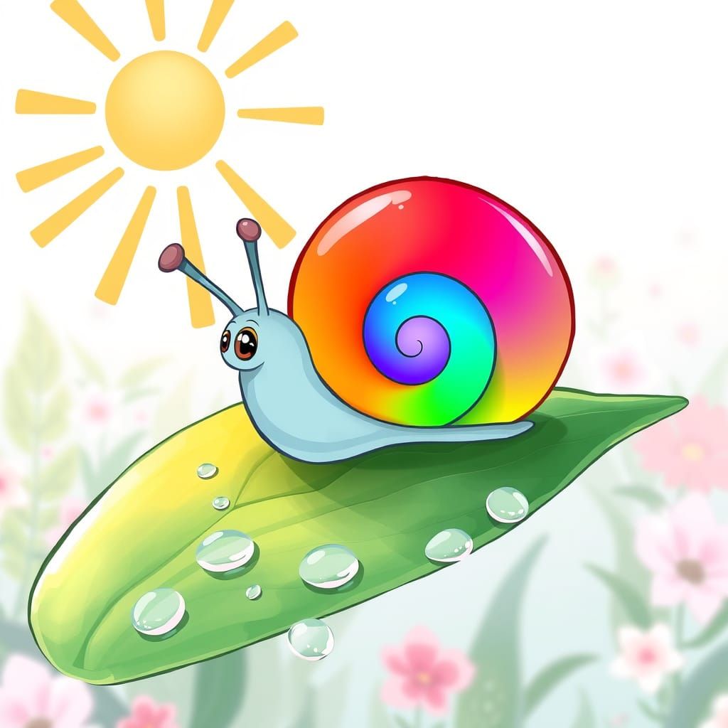 Simple Snail 2D Cartoon Art - Rainbow Snail on Leaf in 2D C...