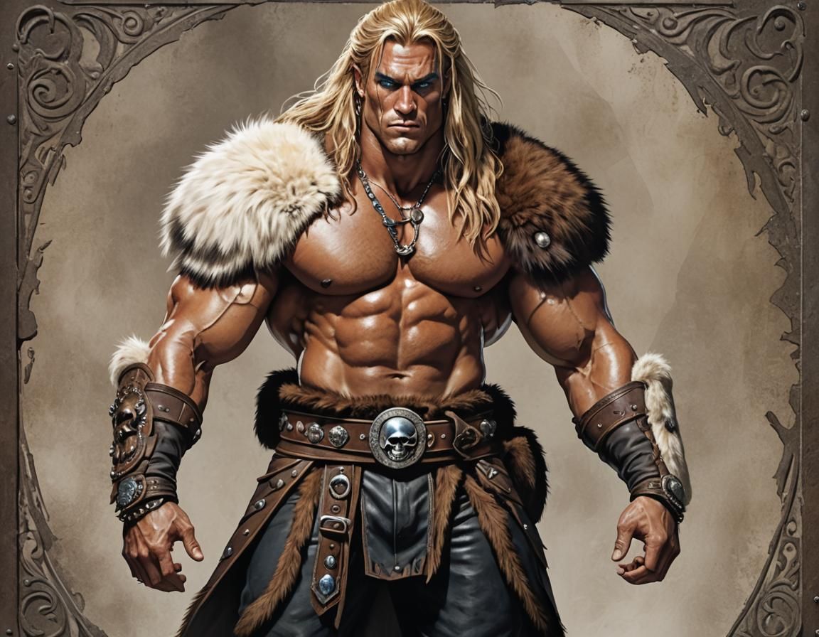 Anime DnD style, barbarian male long hair, tan tone, muscular built ...