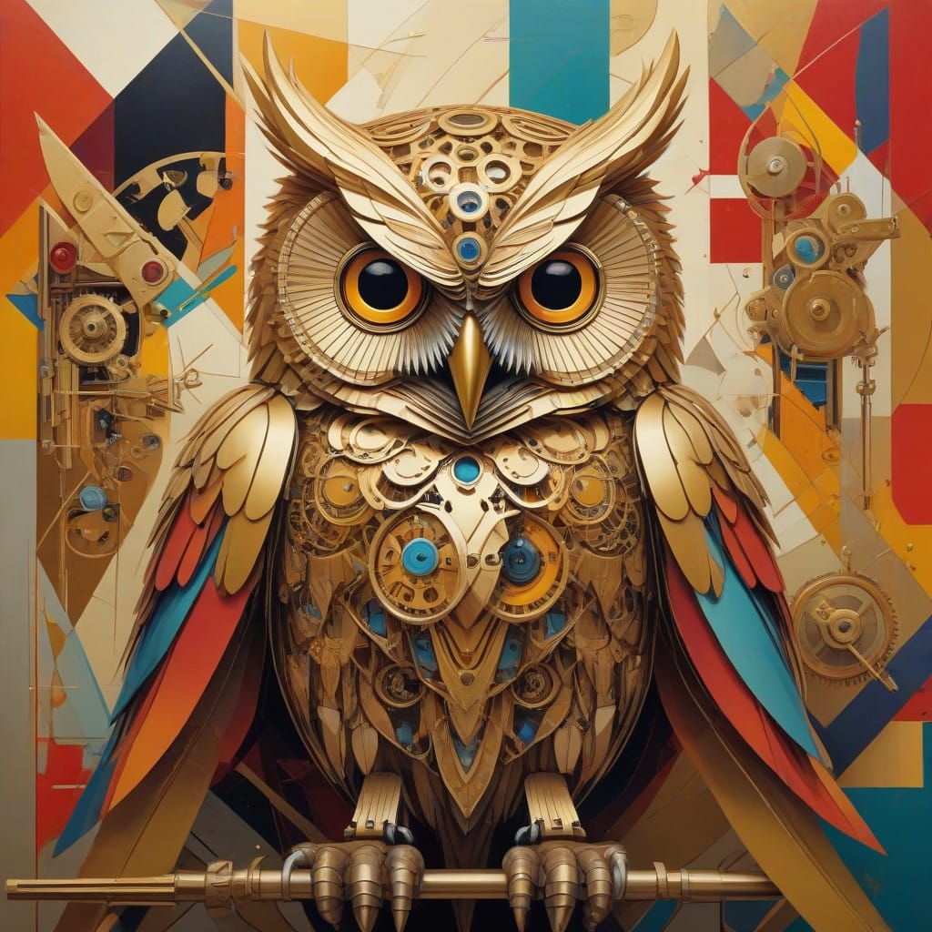 gold mechanical owl - Golden Mechanical Owl in Cubist Style ...
