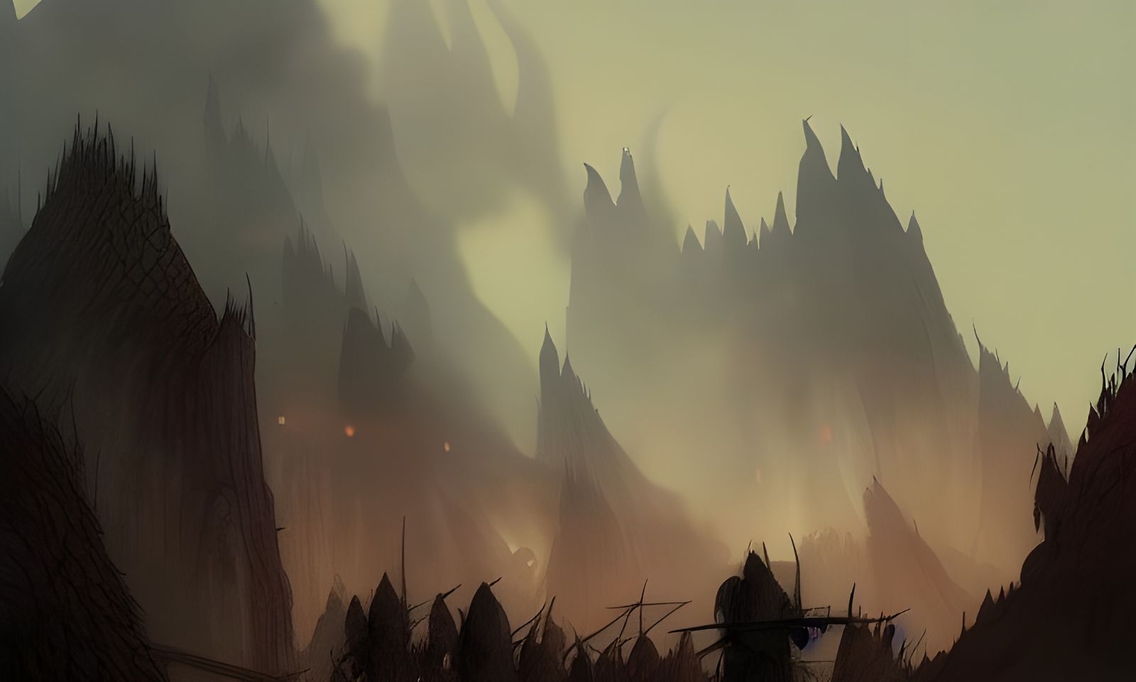 Orc Stronghold in Mordor, smoke, mist, fire, muted colors, by Jean ...