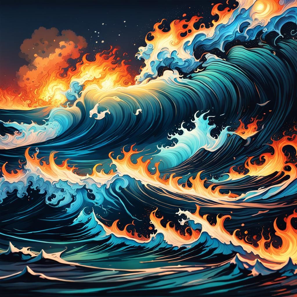 Pacific Ocean on fire while the waves are crashing into the reef at ...