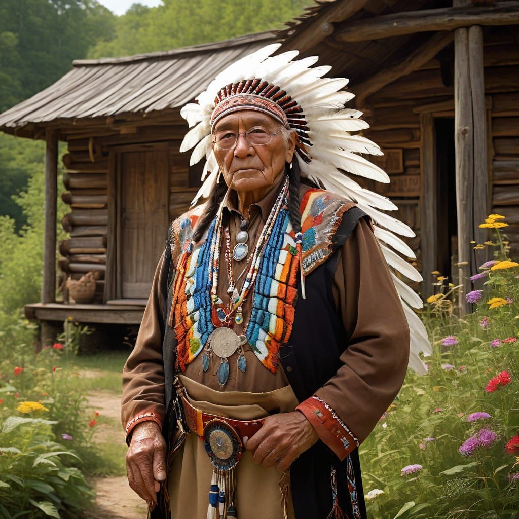 Cherokee nation elder, adorned with intricate beadwork and feathers.