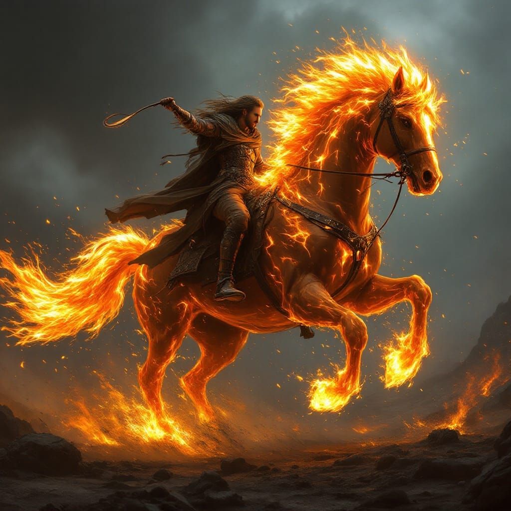 A flaming stallion, Gallops through darkened shadows, Rider's cloak ...