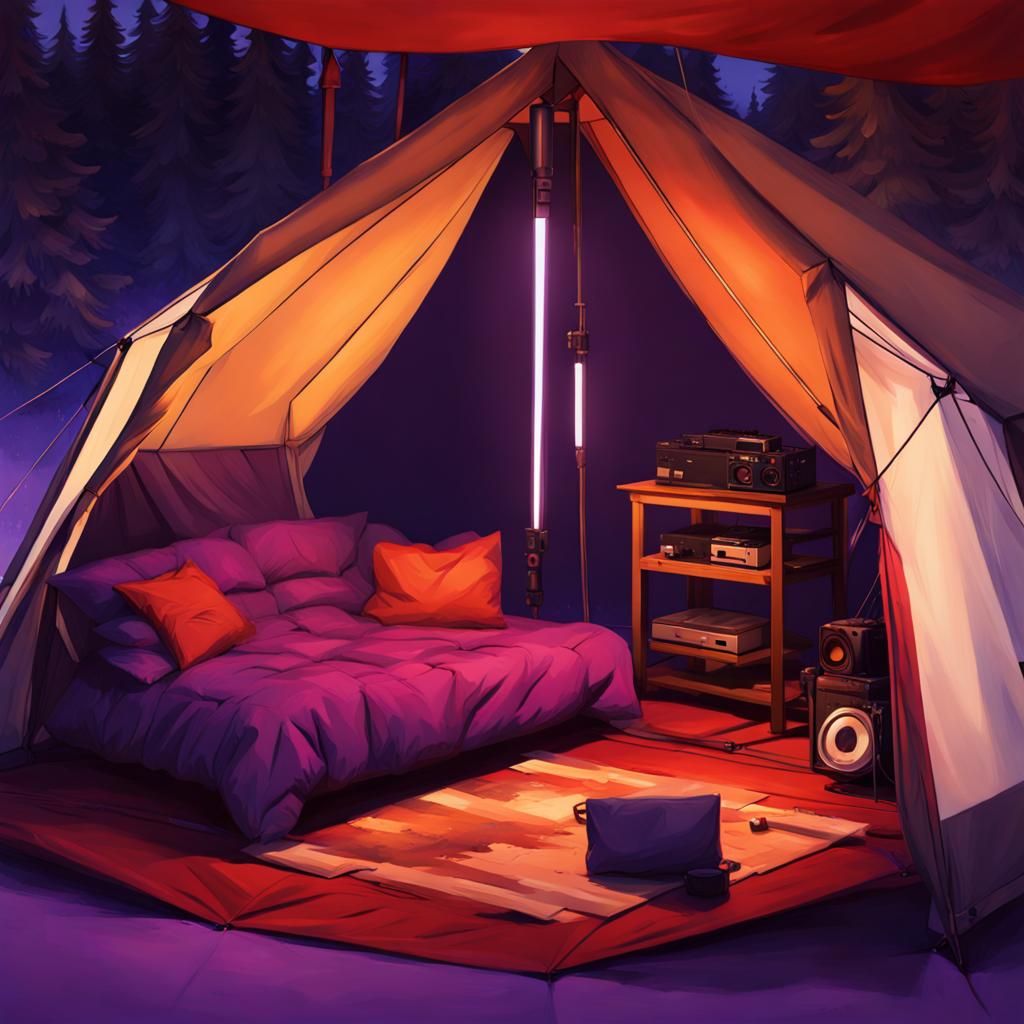 gaming system set up in tent in camping setting futurist dark purple ...
