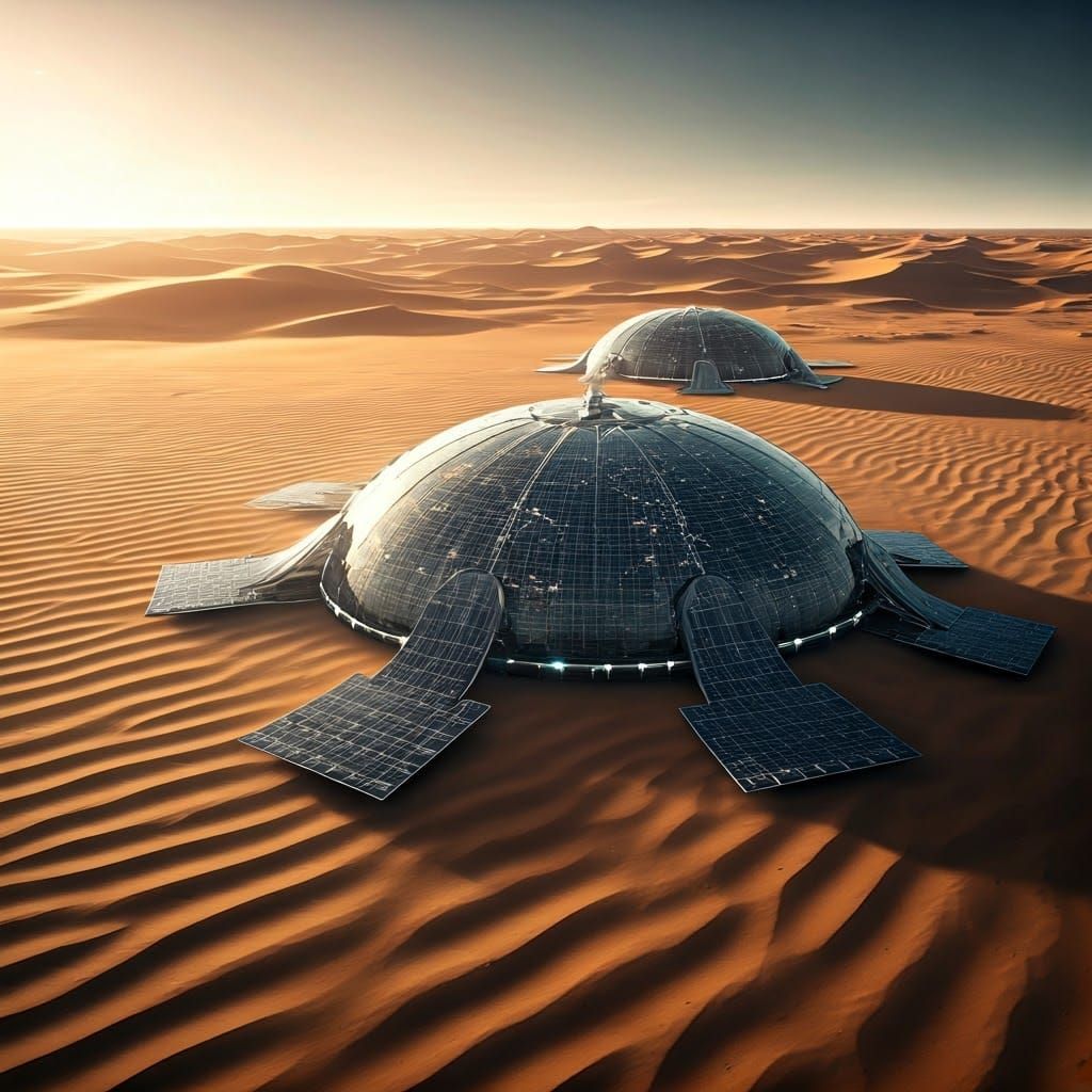 Aerial view of Biodome colony with solar array. Background: Vast desert ...