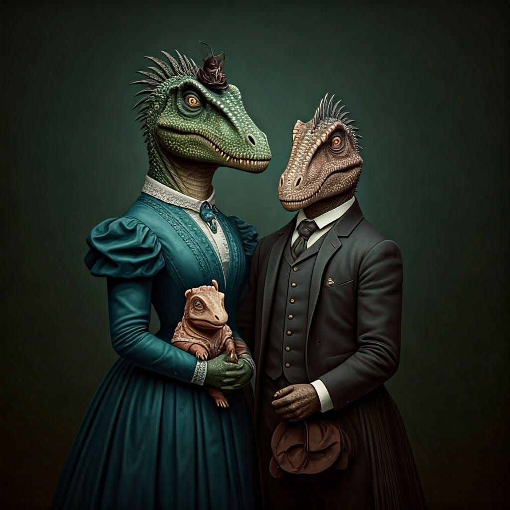 Victorian Dinosaur Family in a Fantastical Portrai... - AI Art