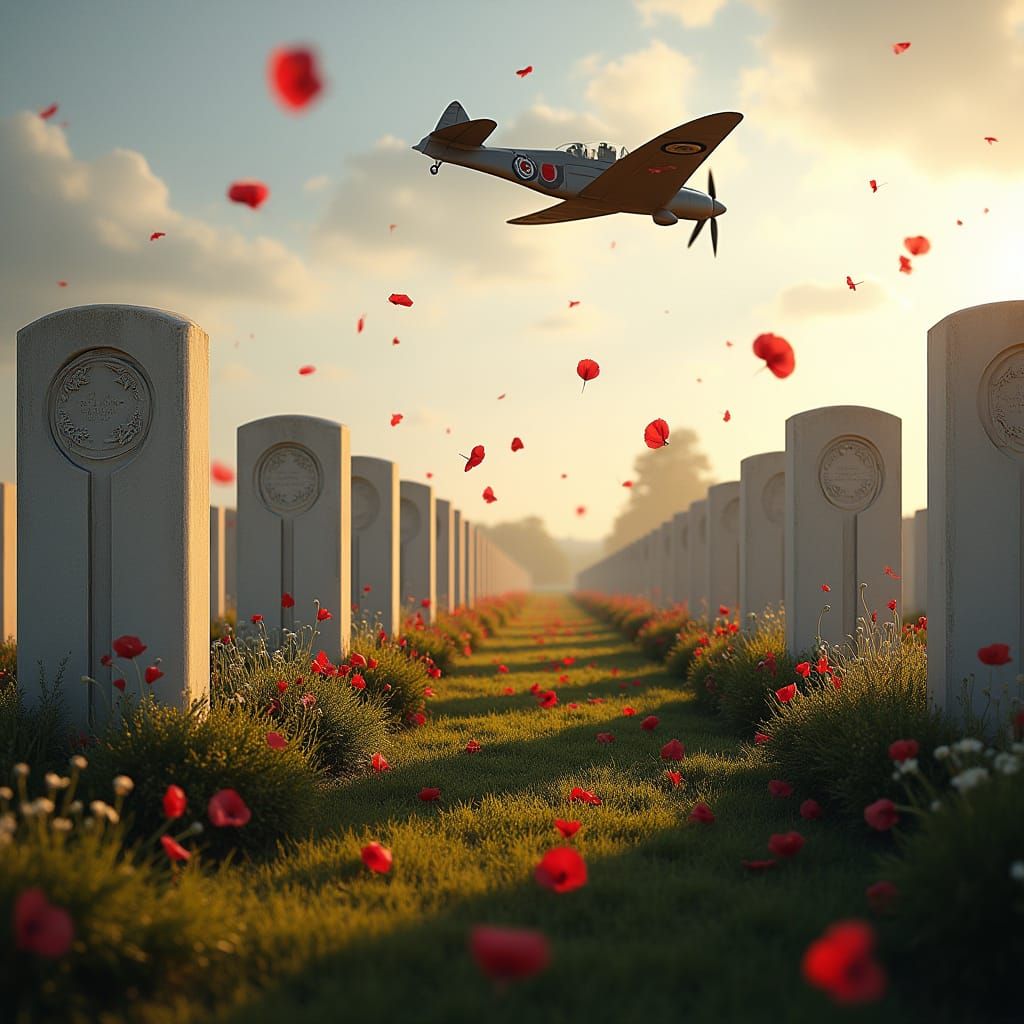 WWII Cemetery Headstones Under Falling Poppy Leave... - AI Art