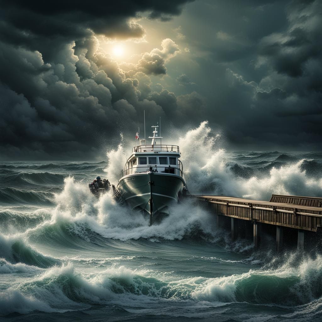 storm waves hitting dock with boat Epic cinematic brilliant stunning ...
