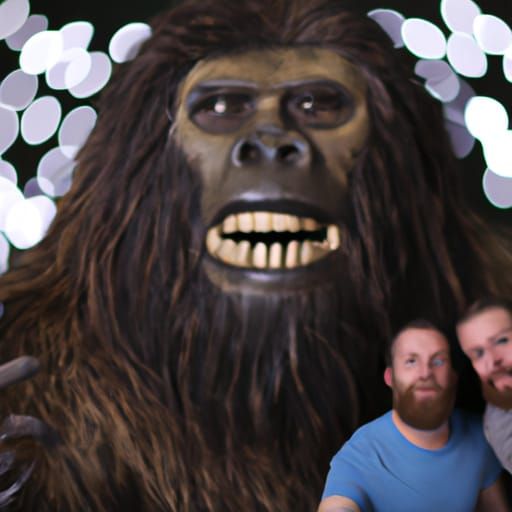 Two guys taking Selfie with Bigfoot - AI Generated Artwork - NightCafe Creator