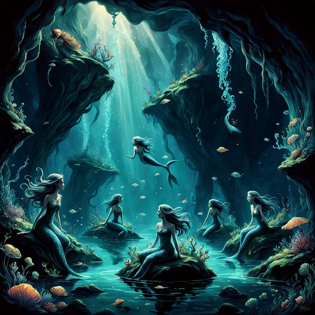 Tim Burton-Inspired Bioluminescent Mermaids in Dar... - AI Art