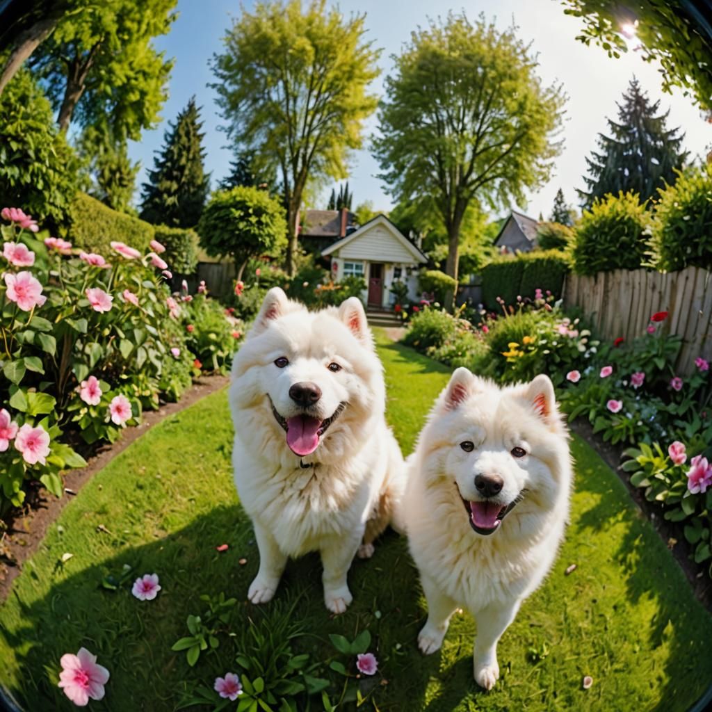 A fish-eye picture of two curious pink furry Samoyed dogs in a lovely ...