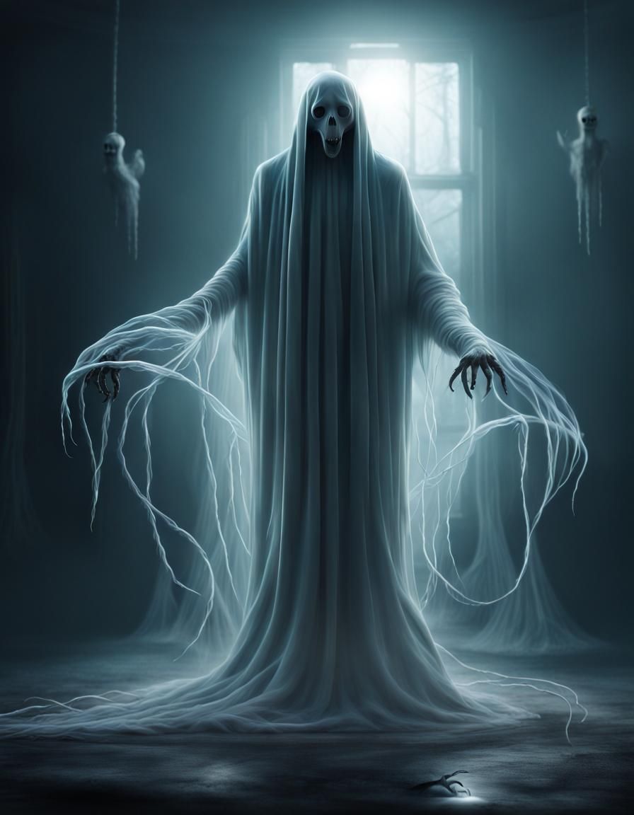 floating translucent ghost wearing a shroud with a whip-like tail and ...