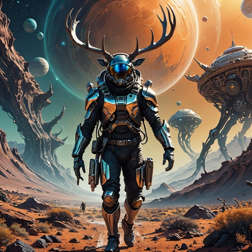 A futuristic explorer with metallic antlers, navigating through an ...