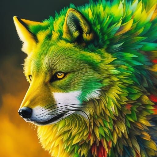 Portrait of a green fox with yellow fire: Black green yellow ink flow ...