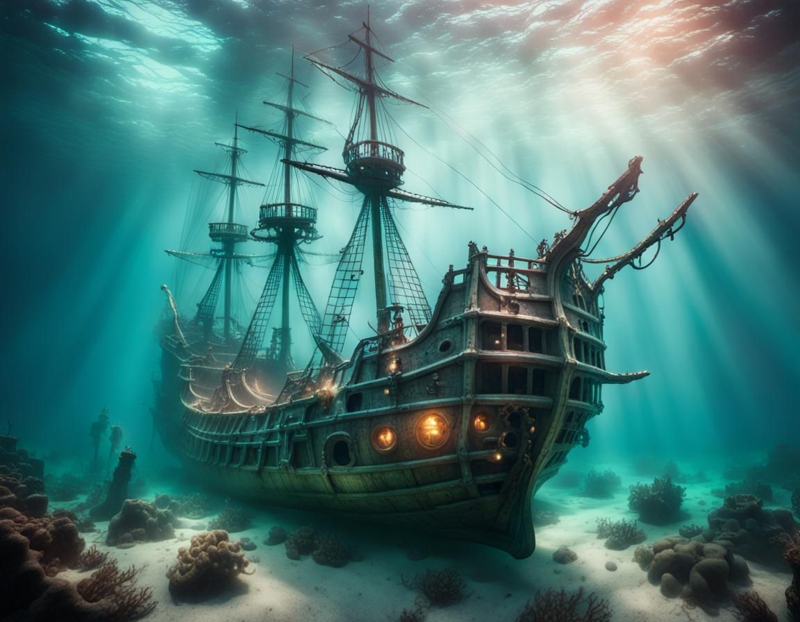 Underwater view of a fantastical glowing transparent shipwreck of a ...