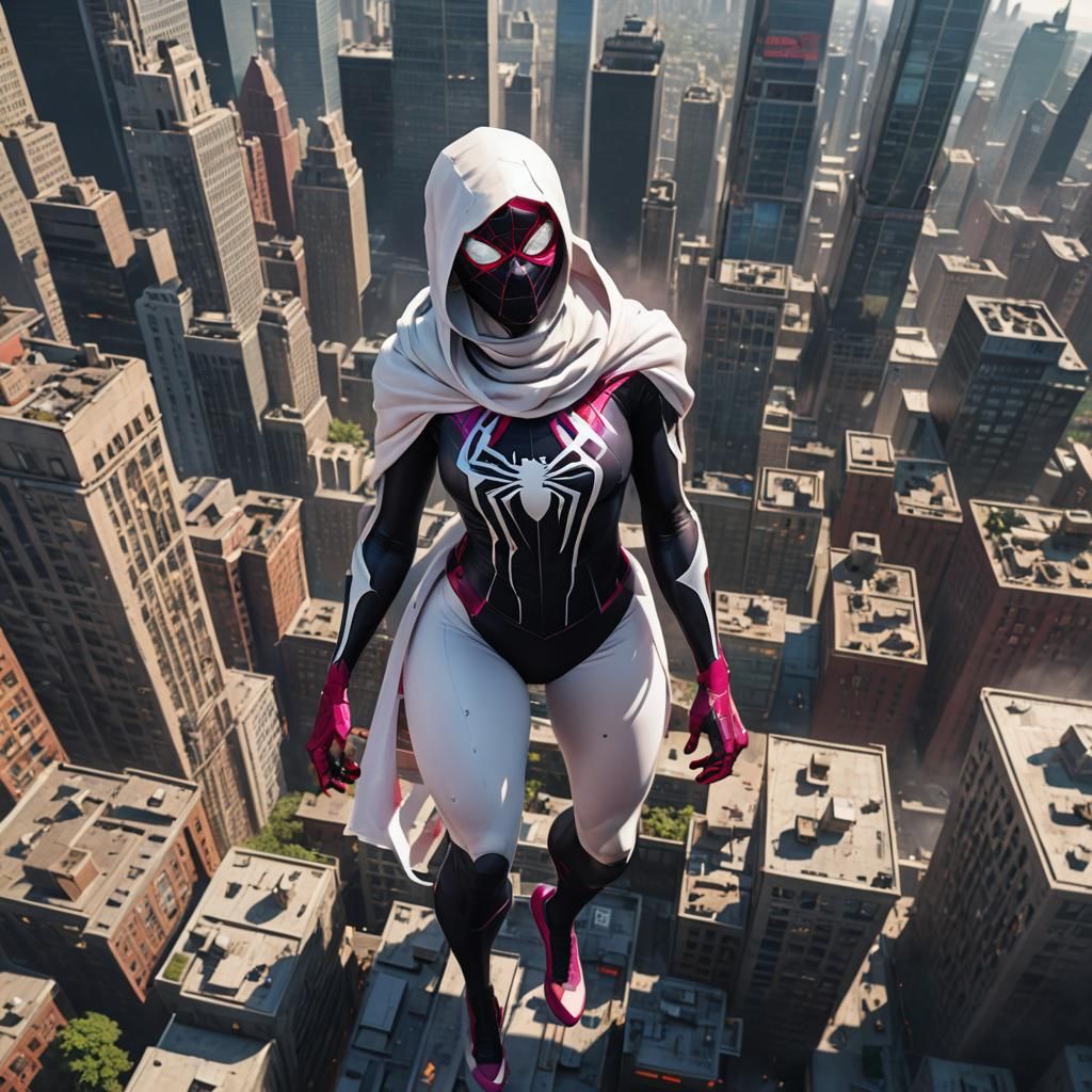 Spider Gwen, hood up, mask on, as a colossal giant woman, in a city ...