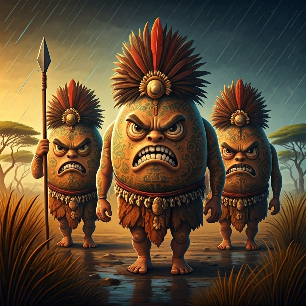 Angry Prehistoric Egg Tribe in the Rainy Savanna - AI Art
