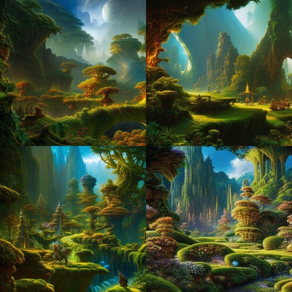 a beautiful complex fantasy landscape with trees and rock formations ...