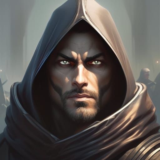 Dark Fantasy hooded male cultist portrait, head and shoulders portrait ...