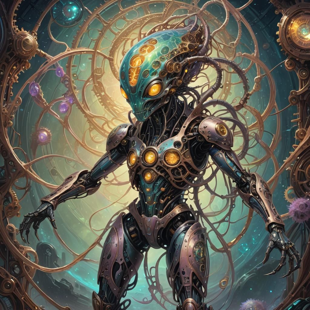 A magnificently shimmering alien creature, its metallic gears and glowing organic elements ...
