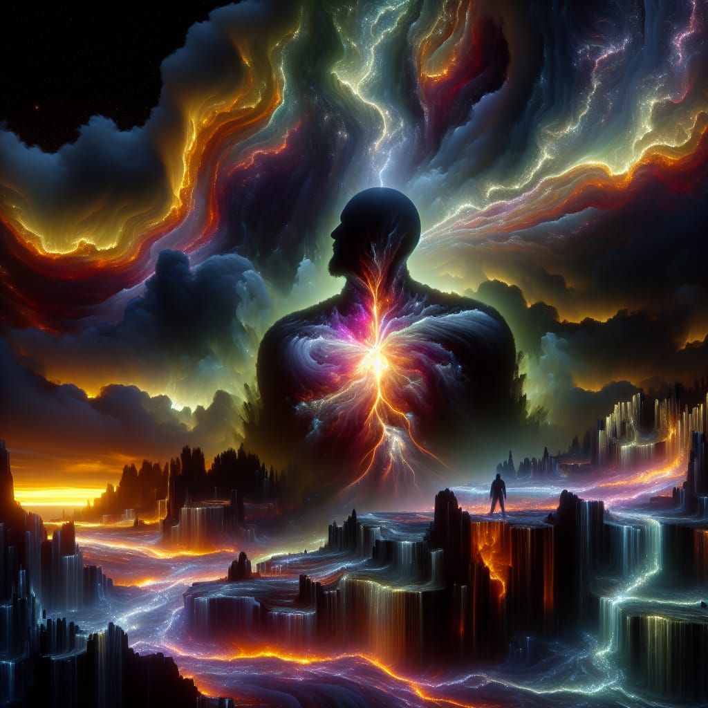 Chiaroscuro. Towering colossus silhouette of swirling iridescent shadows rippling with ...