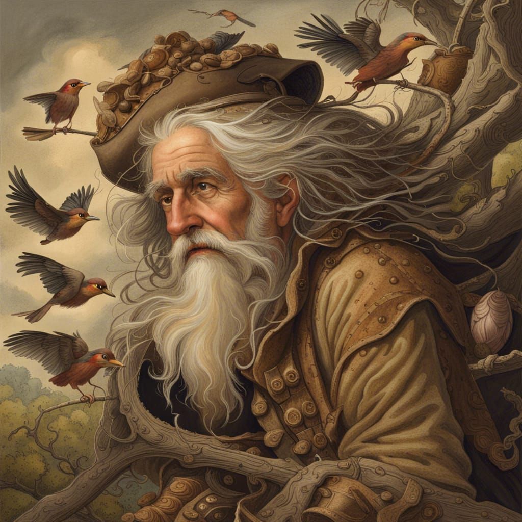 Rip van winkle, hair and beard dragging the ground, birds nesting in ...