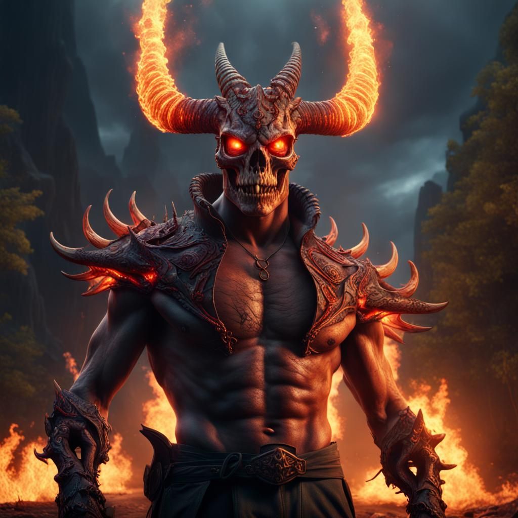 a man with demon horns. there is a flaming dinosaur skeleton behind him ...