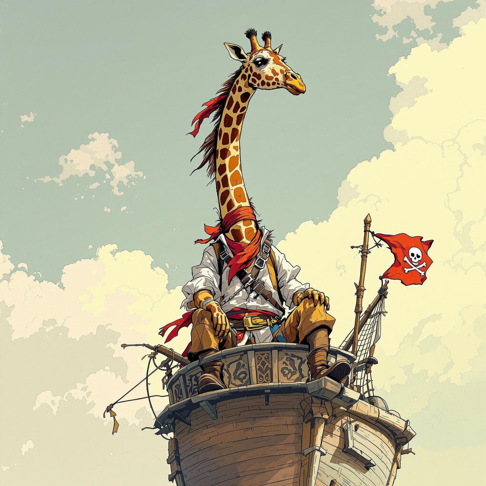 Majestic Giraffe Pirate in Pirate Ship Crow's Nest - AI Art
